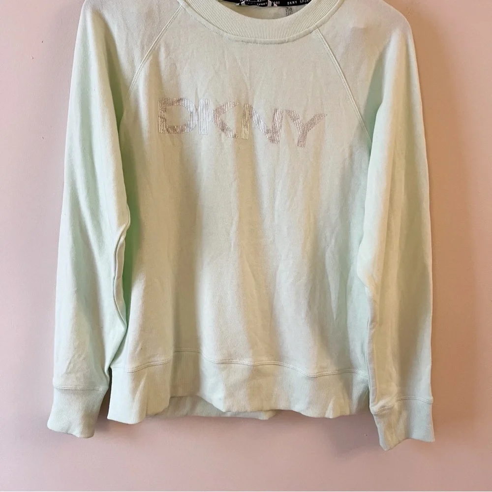 Dkny | Tops | Dkny Mint Green Round Neck Logo Metallic Pullover ...